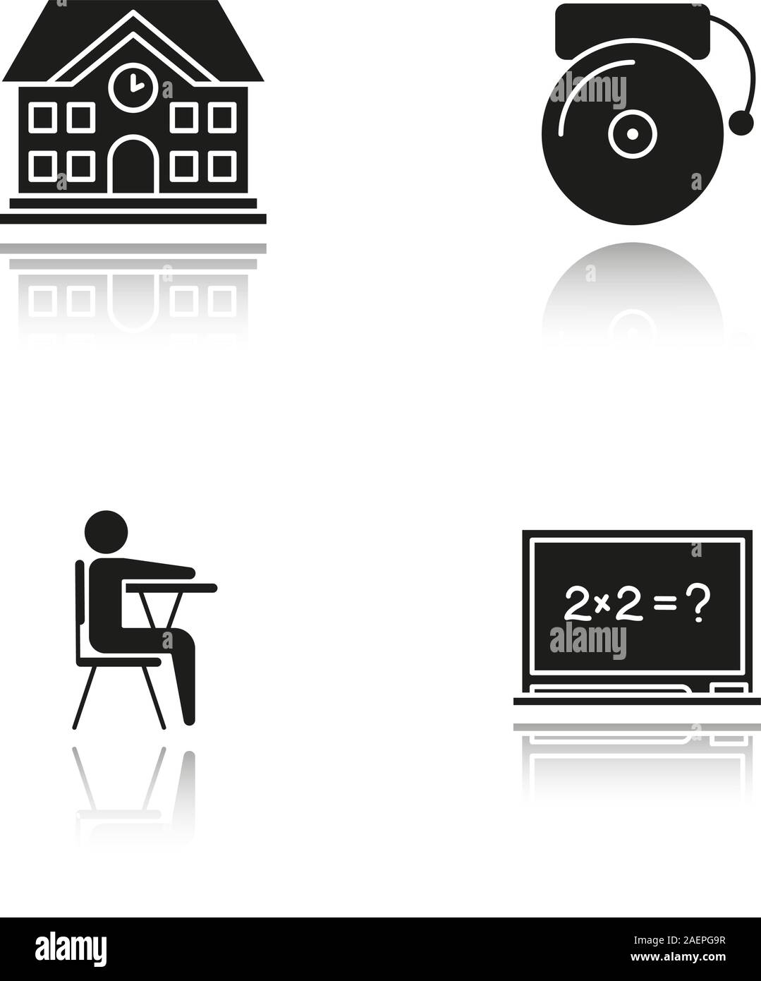School drop shadow black glyph icons set. School building, bell, pupil ...