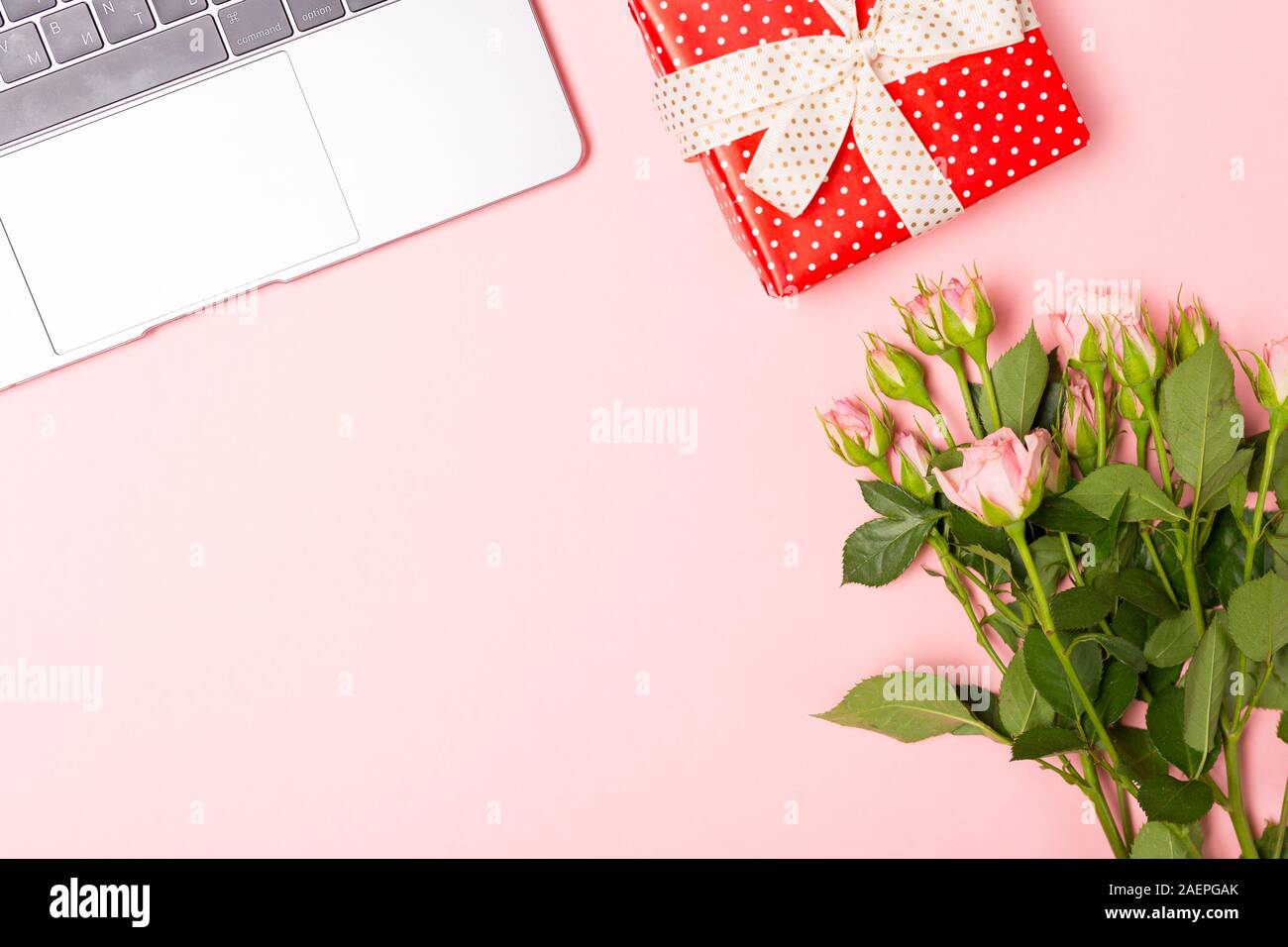 Mock up with pink roses and gif box. Minimalist flat lay, pink ...