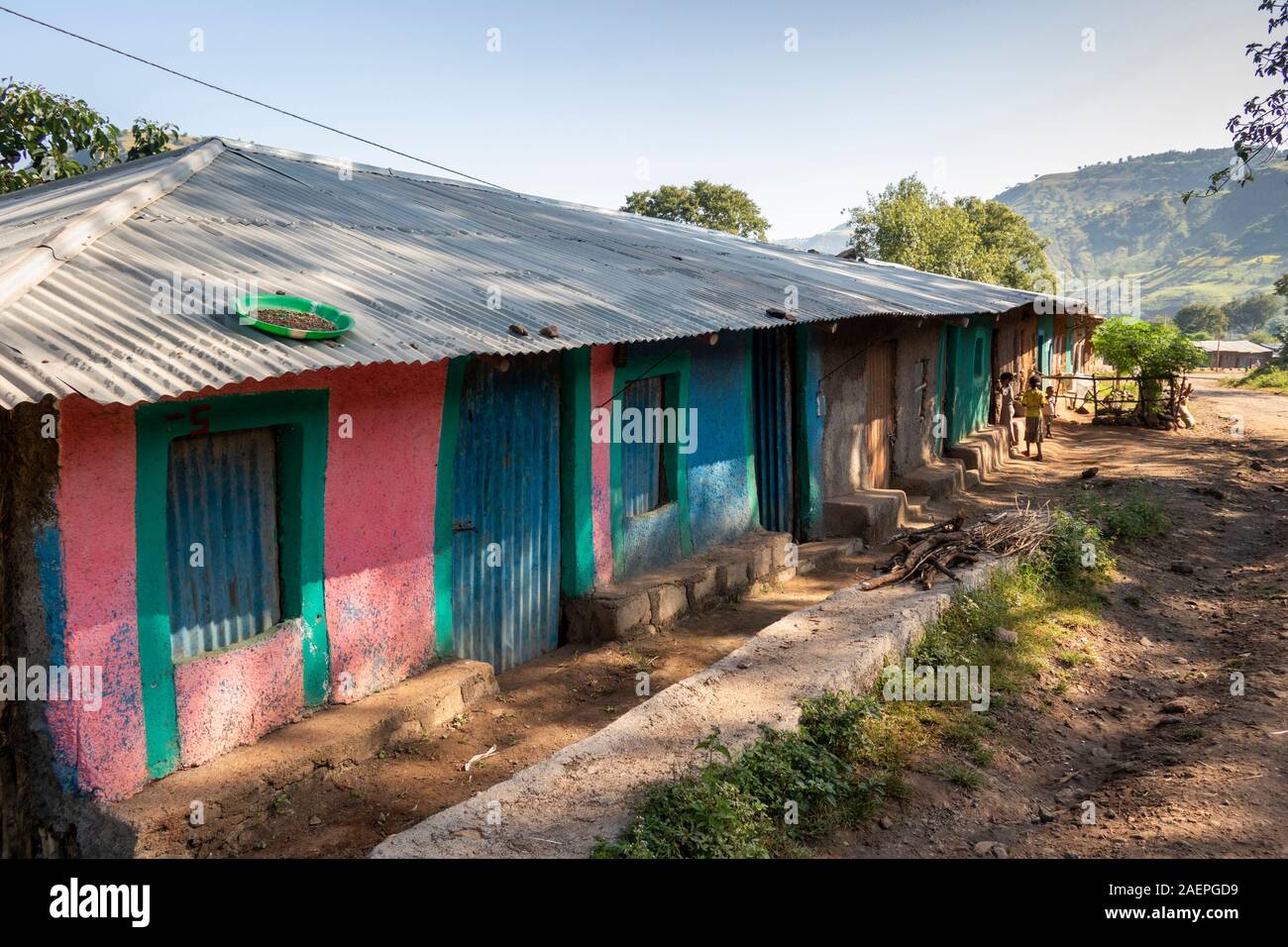 Ethiopia, Amhara Region, Ambara, colourfully painted village house ...