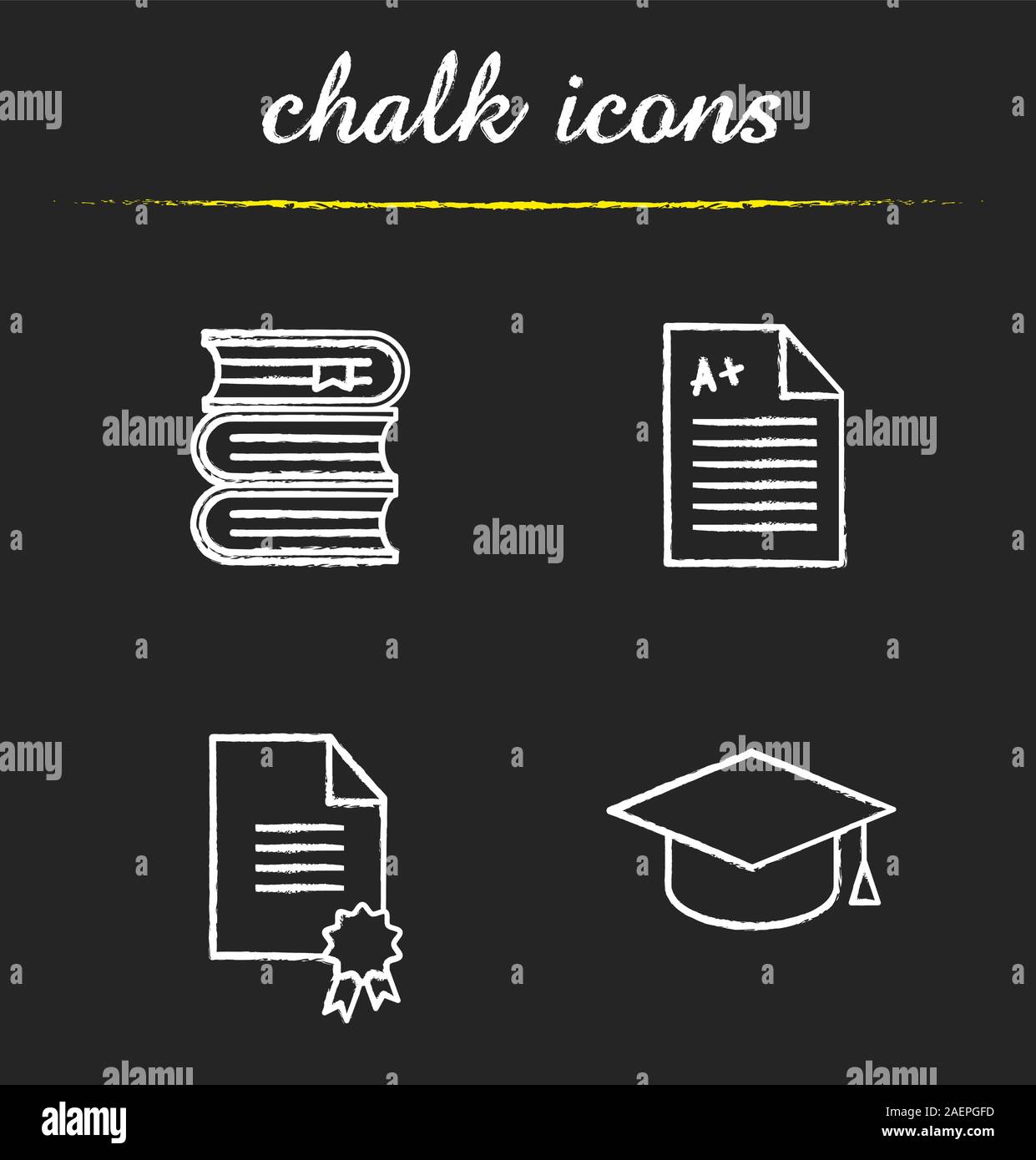 High education chalk icons set. Student's graduation hat, diploma, test ...