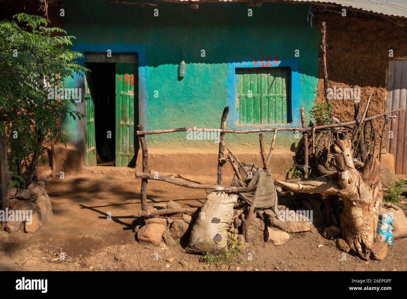 Ethiopia, Amhara Region, Ambara, colourfully painted village house ...