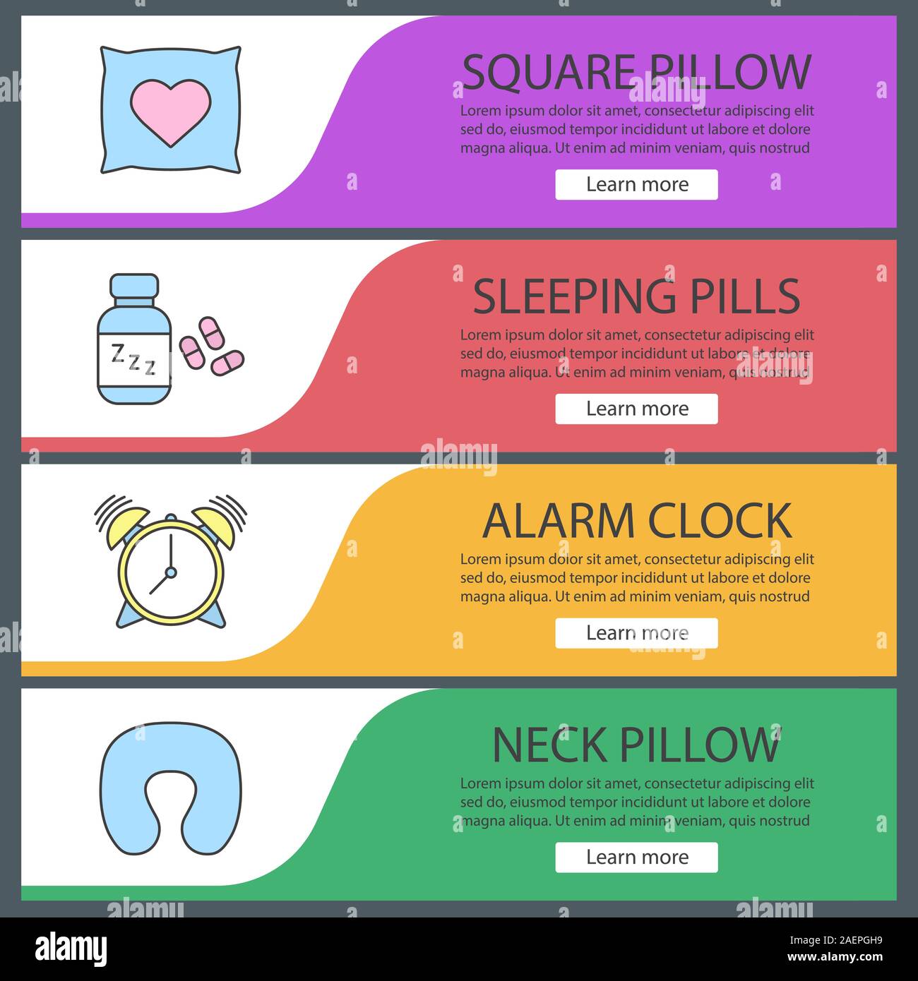 Sleeping accessories web banner templates set. Pillows, alarm clock ...