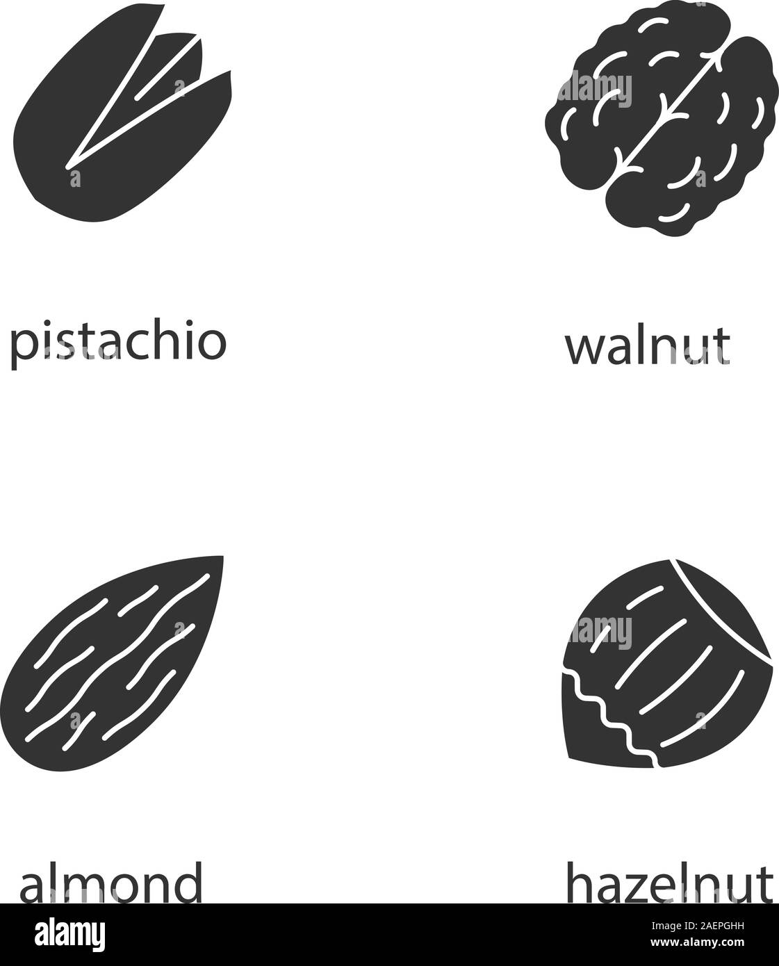 Nuts types glyph icons set. Pistachio, walnut, almond, hazelnut ...