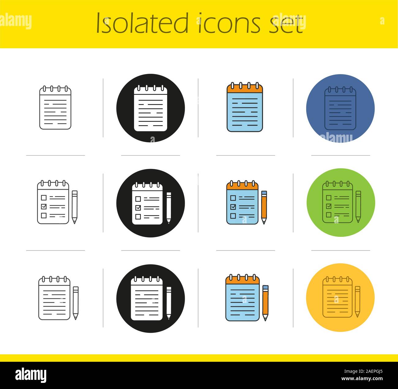Notepads icons set. Linear, black and color styles. Notebooks and to do ...
