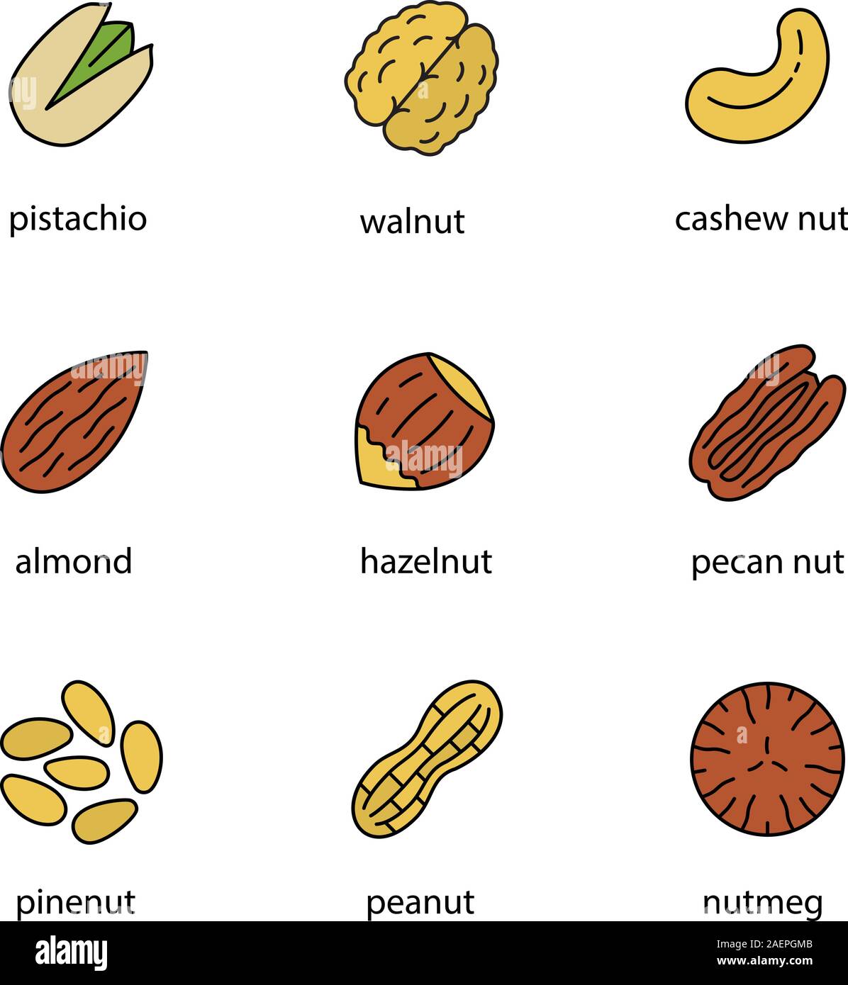 Nuts types color icons set. Pistachio, walnut, cashew and pecan nuts ... Nuts types color icons set. Pistachio, walnut, cashew and pecan nuts ...