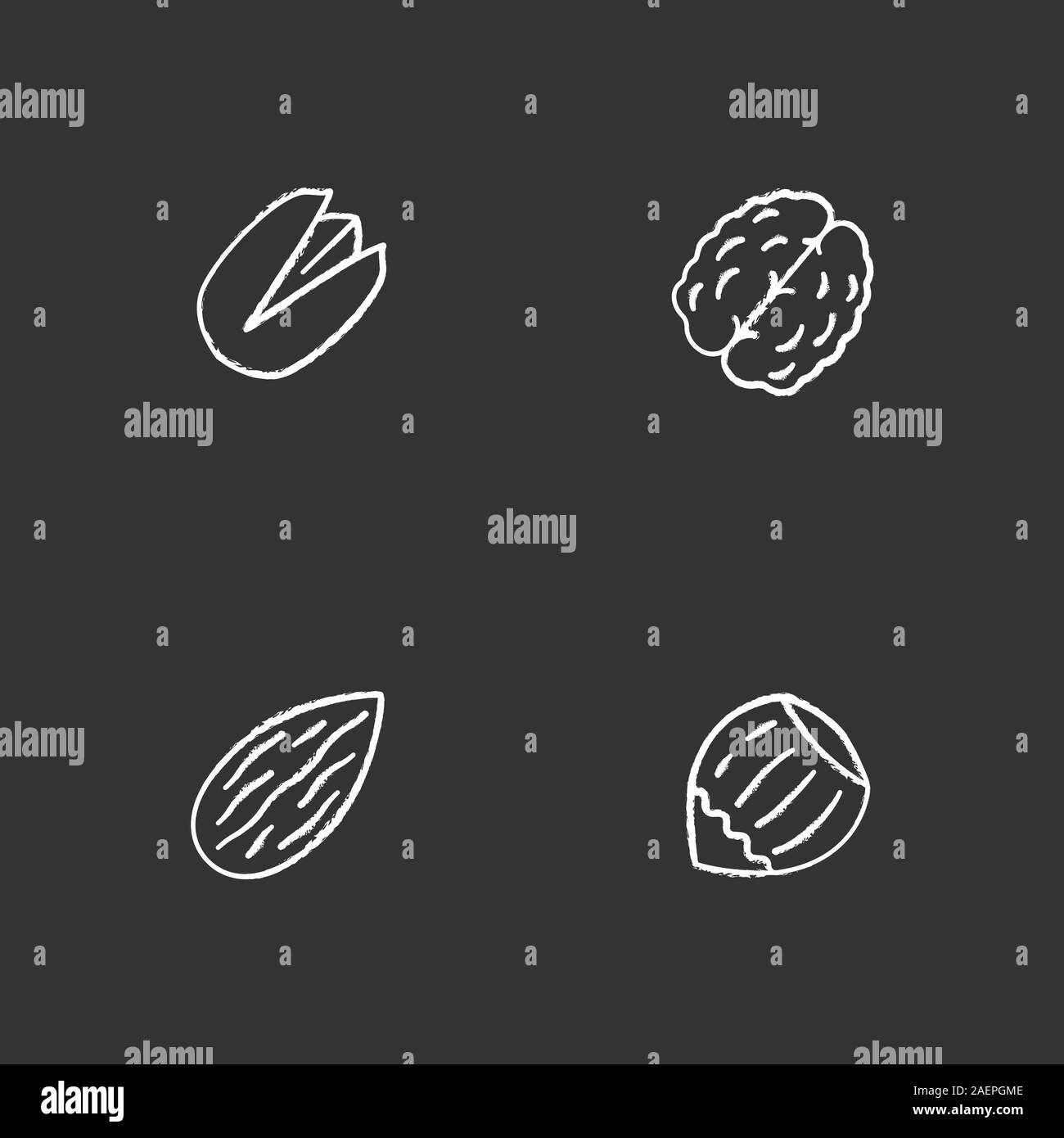 Nuts types chalk icons set. Pistachio, walnut, almond, hazelnut ...