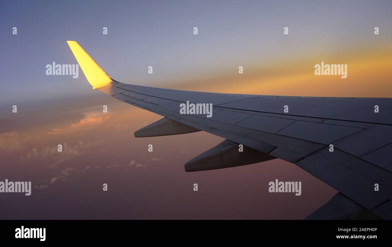 Plane wing with a golden glow Stock Photo - Alamy