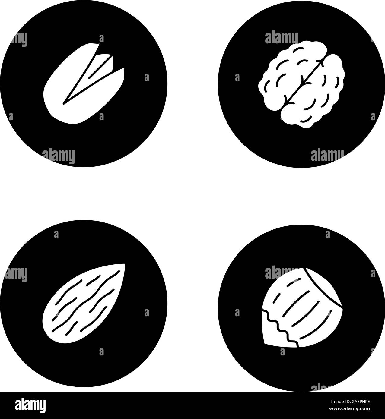 Nuts types glyph icons set. Pistachio, walnut, almond, hazelnut. Vector ...