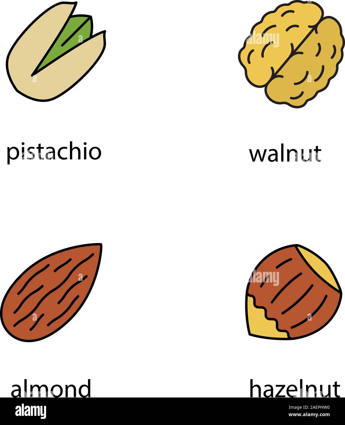 Nuts types color icons set. Pistachio, walnut, almond, hazelnut ...
