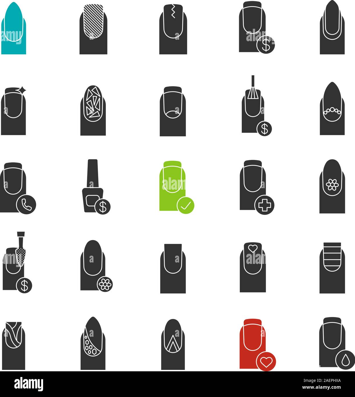 Manicure glyph icons set. Nail salon service. Silhouette symbols on ...