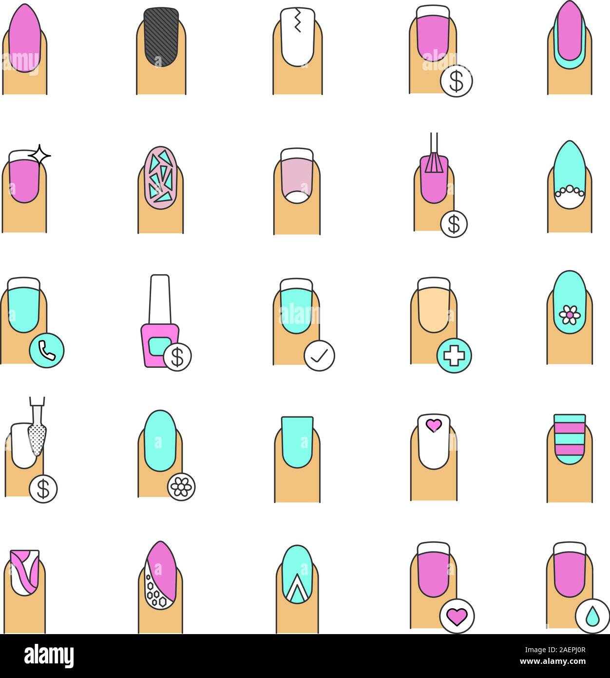 Manicure color icons set. Nail salon service. Variety of manicure types ...