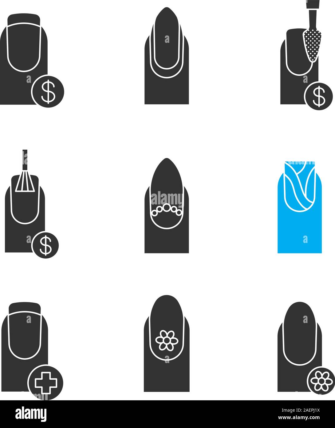 Manicure glyph icons set. Nail salon service prices, almond shaped with ...