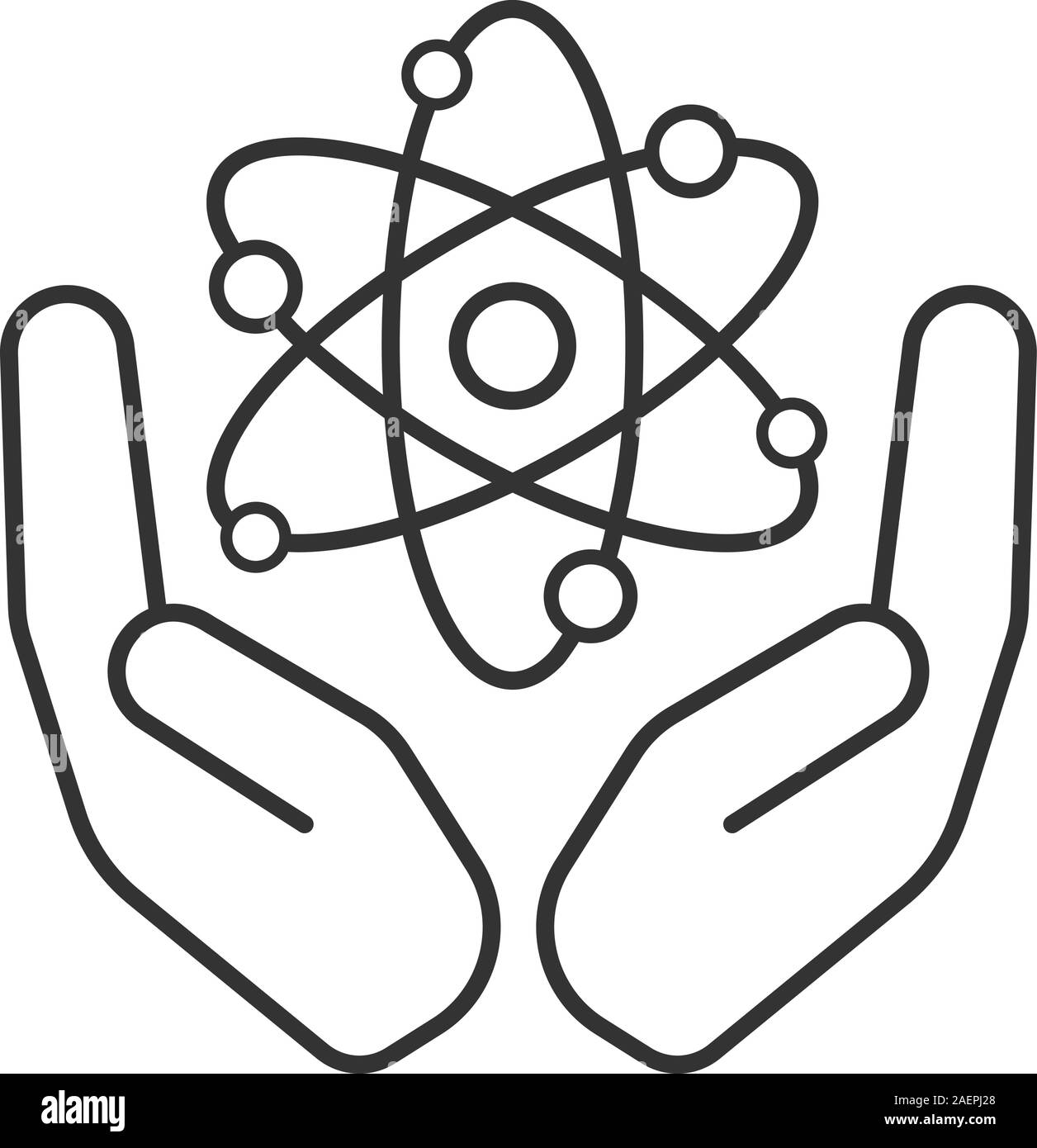 Open palms with molecule linear icon. Thin line illustration. Atoms for ...