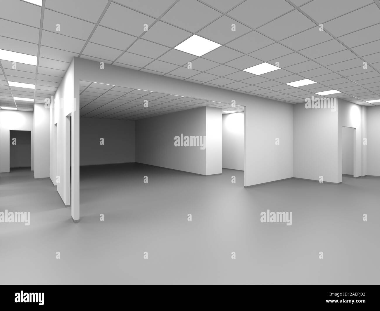An empty open space office with white walls. Abstract blank interior ...
