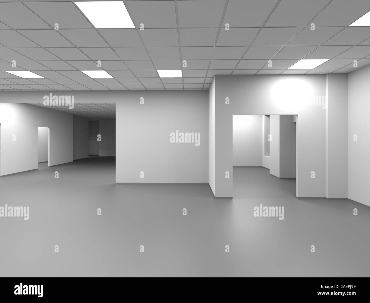 An empty open space office with white walls and sections. Abstract ...