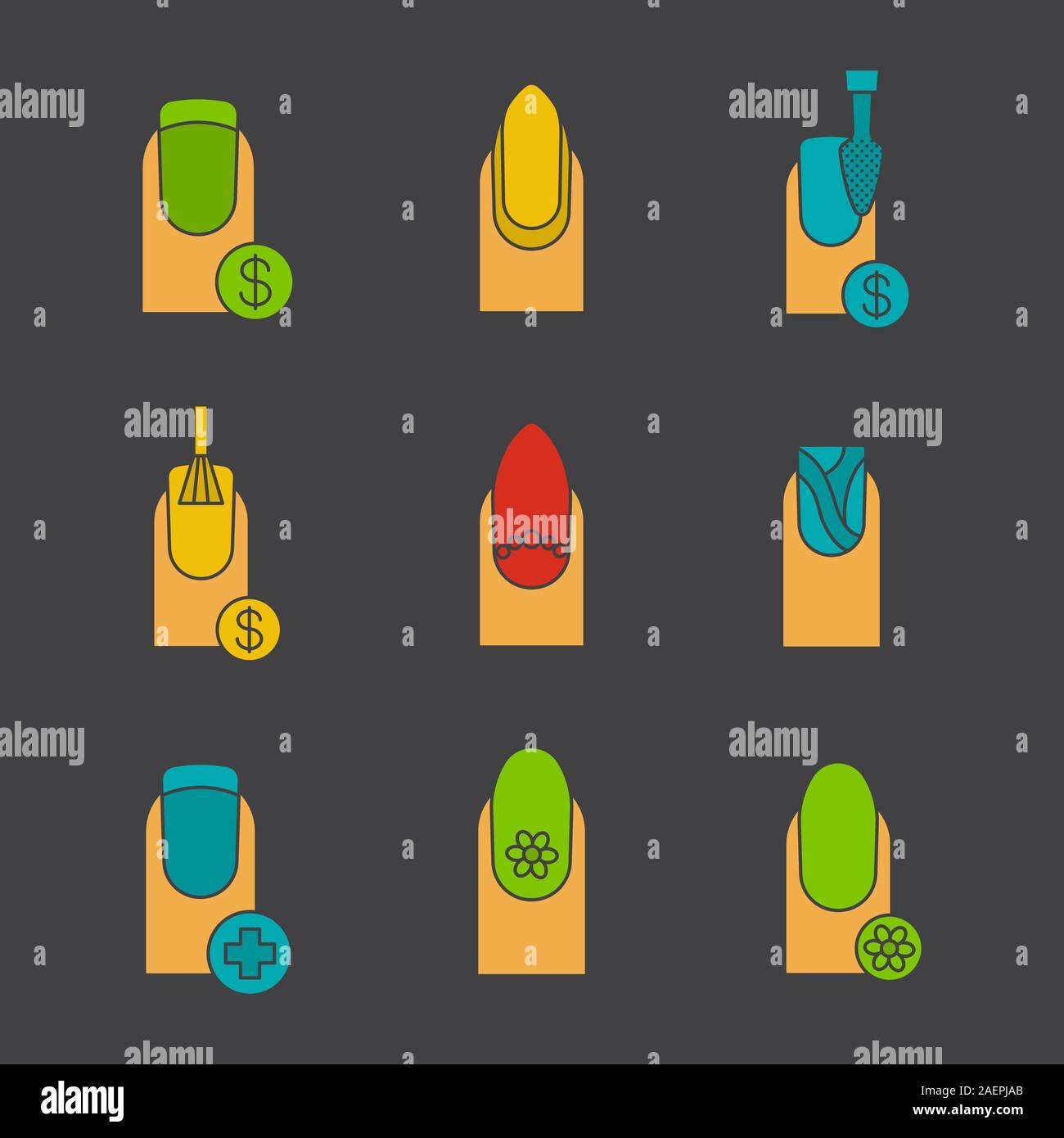 Manicure glyph color icon set. Silhouette symbols on black backgrounds ...