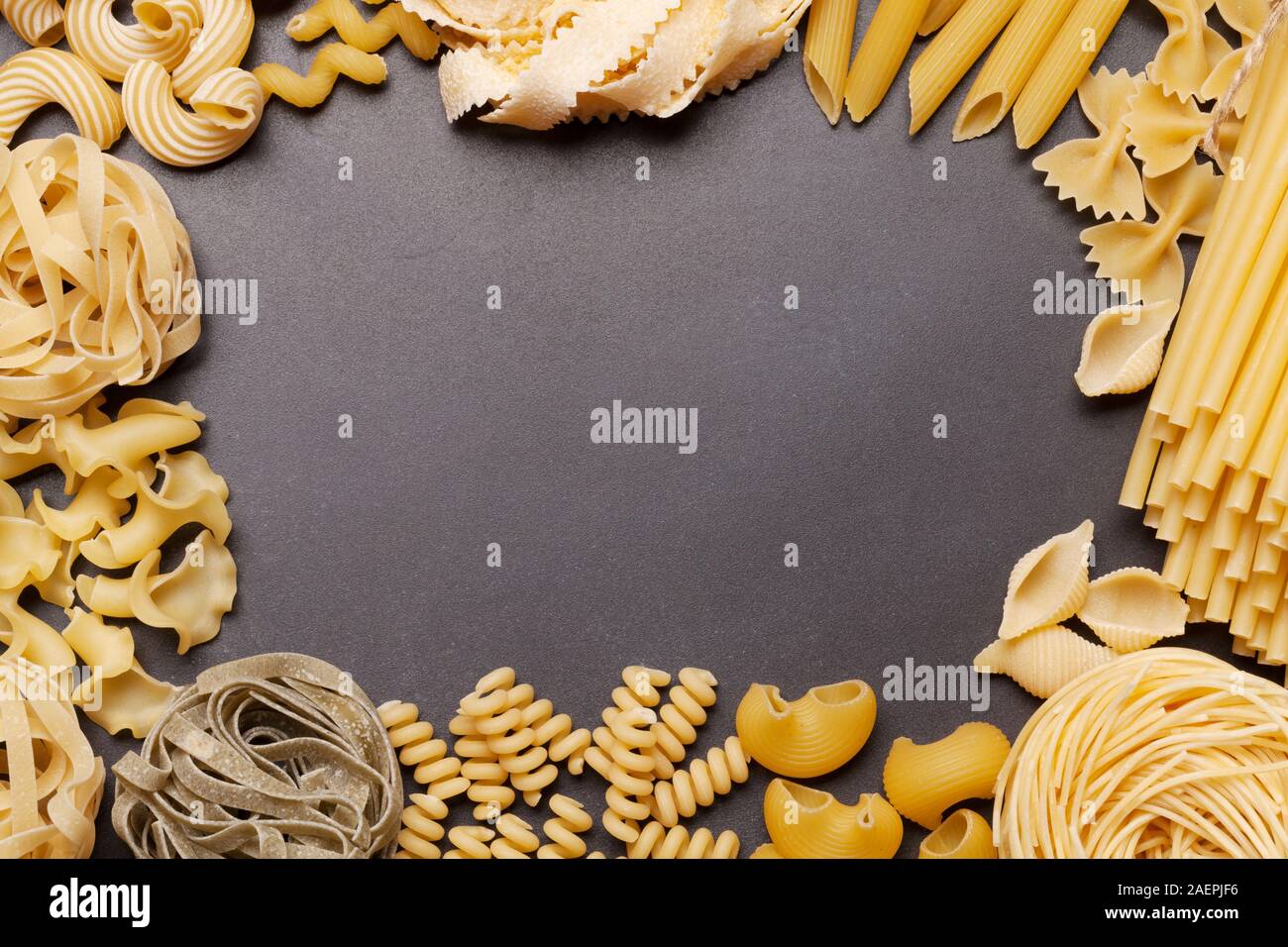 Various pasta. Top view flat lay with copy space Stock Photo - Alamy