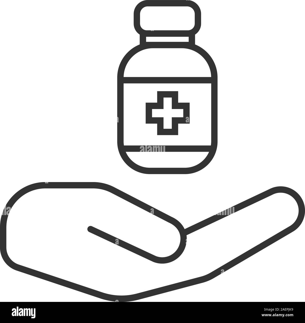 Open hand with drugs linear icon. Thin line illustration. Medicaments ...