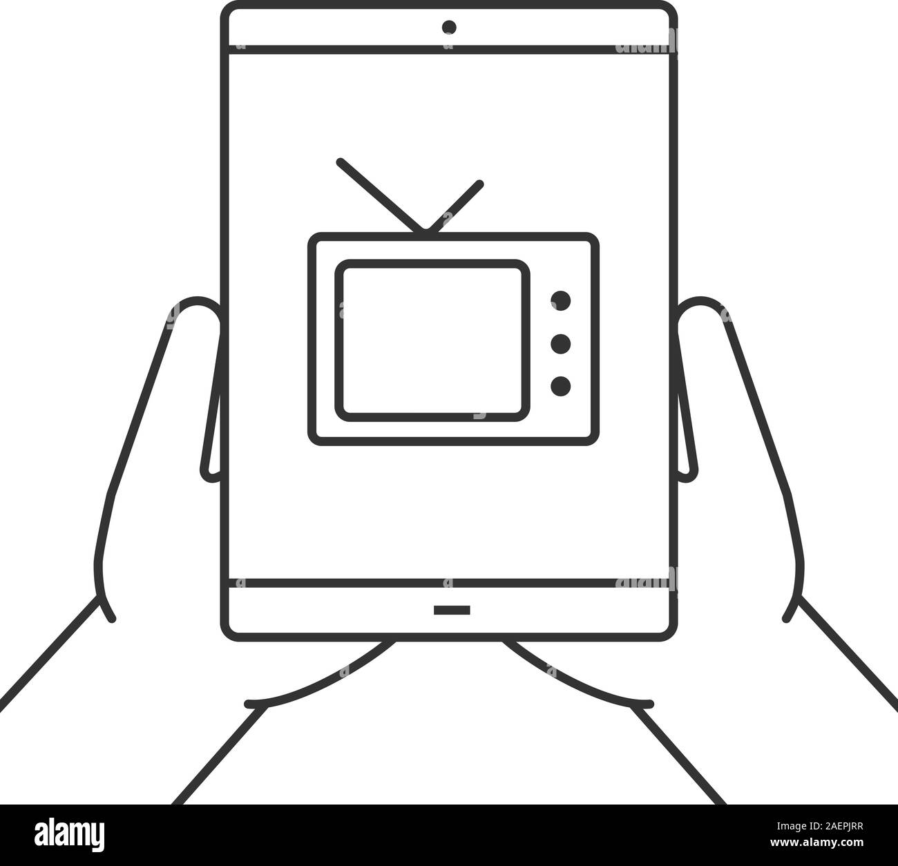 Hands holding tablet computer linear icon. Watching TV online. Thin ...