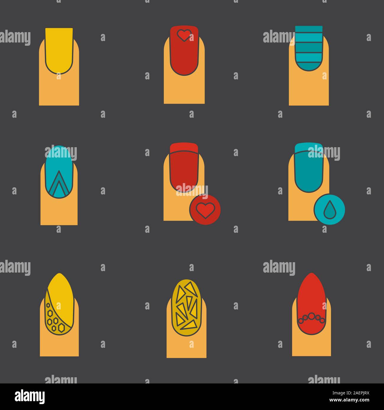 Manicure glyph color icon set. Silhouette symbols on black backgrounds ...