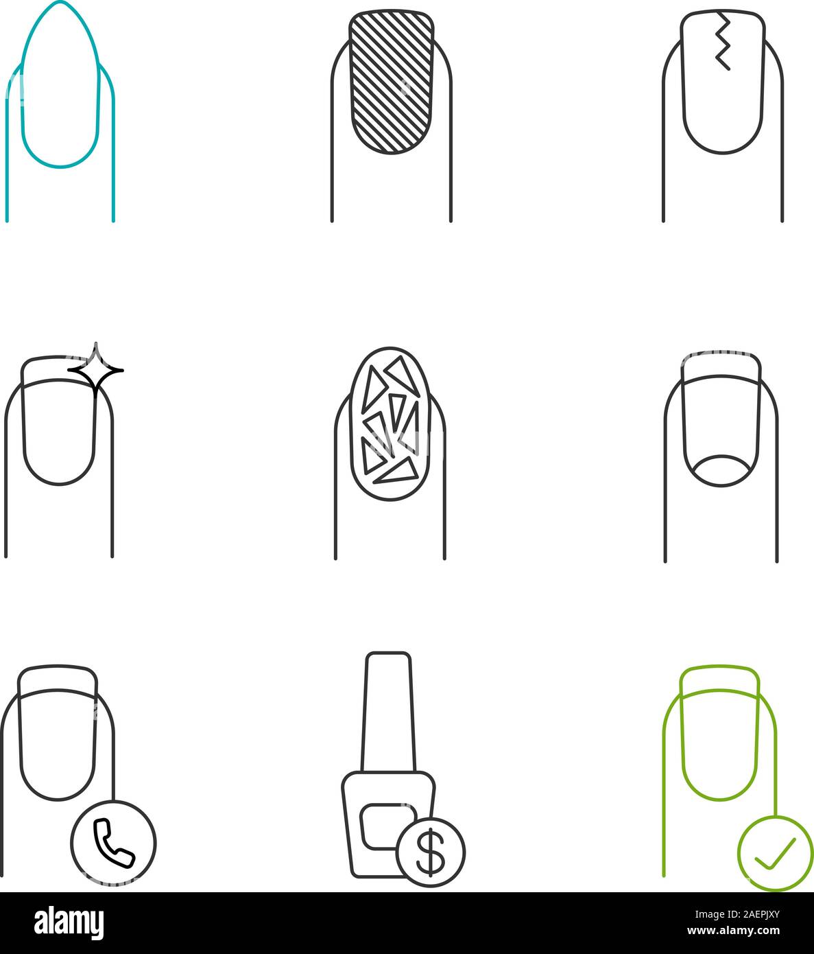 Manicure linear icons set. Almond shaped, matte, broken glass, french ...