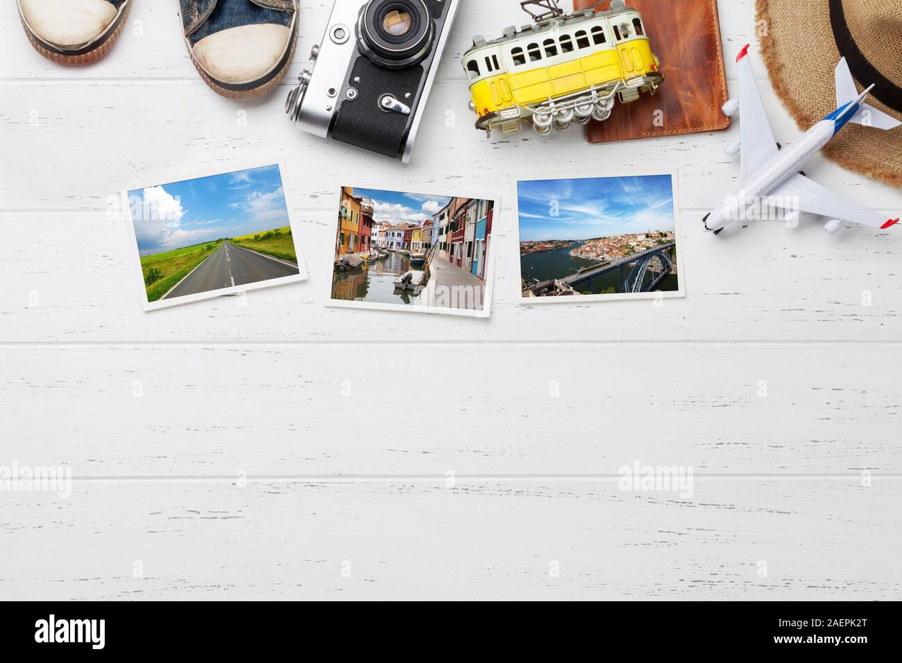 Travel vacation background concept with hat, camera, passport, car ...