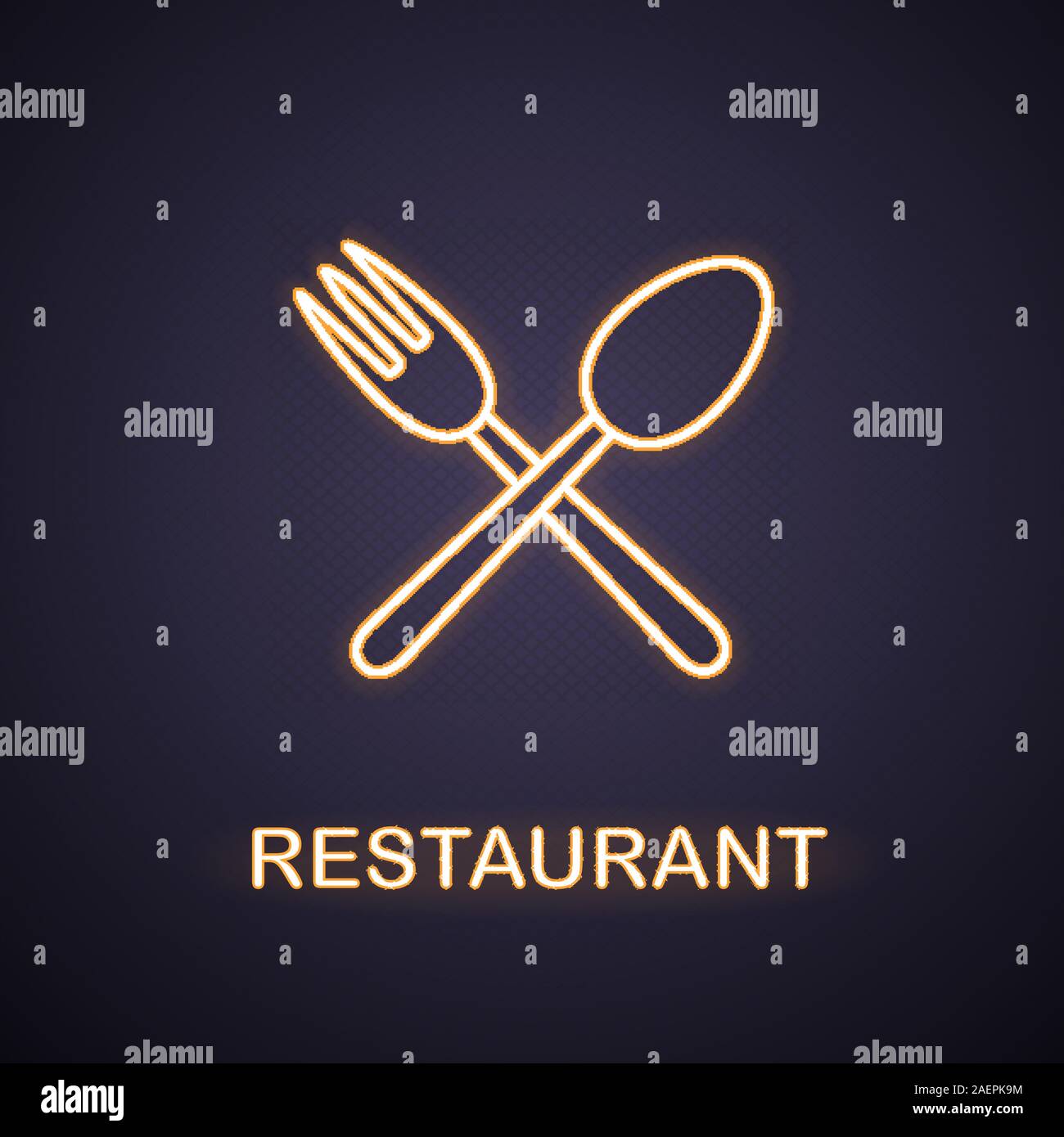 Eatery neon light icon. Cafe and restaurant glowing sign. Crossed fork ...