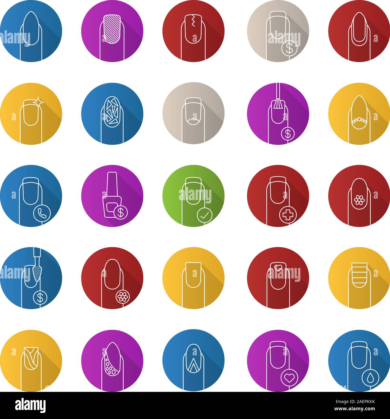 Manicure flat linear long shadow icons set. Variety of manicure types ...