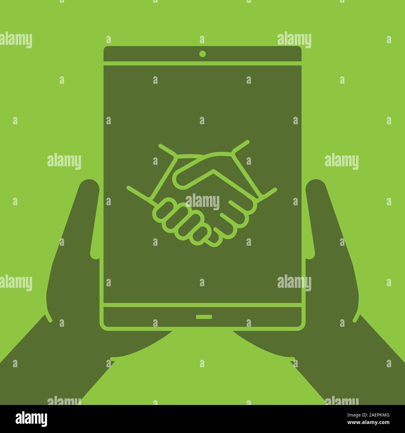 Hands holding tablet computer glyph color icon. Silhouette symbol ...