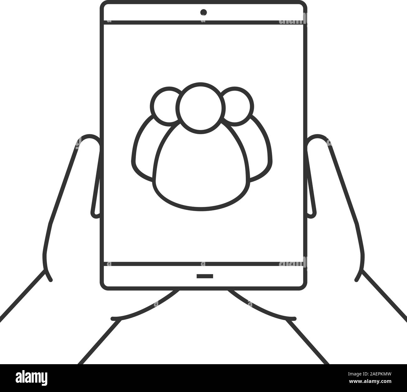 Hands holding tablet computer linear icon. Social networks. Thin line ...