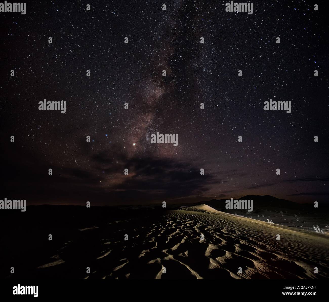 wide angle view from night sky in desert with milky way and the stars ...
