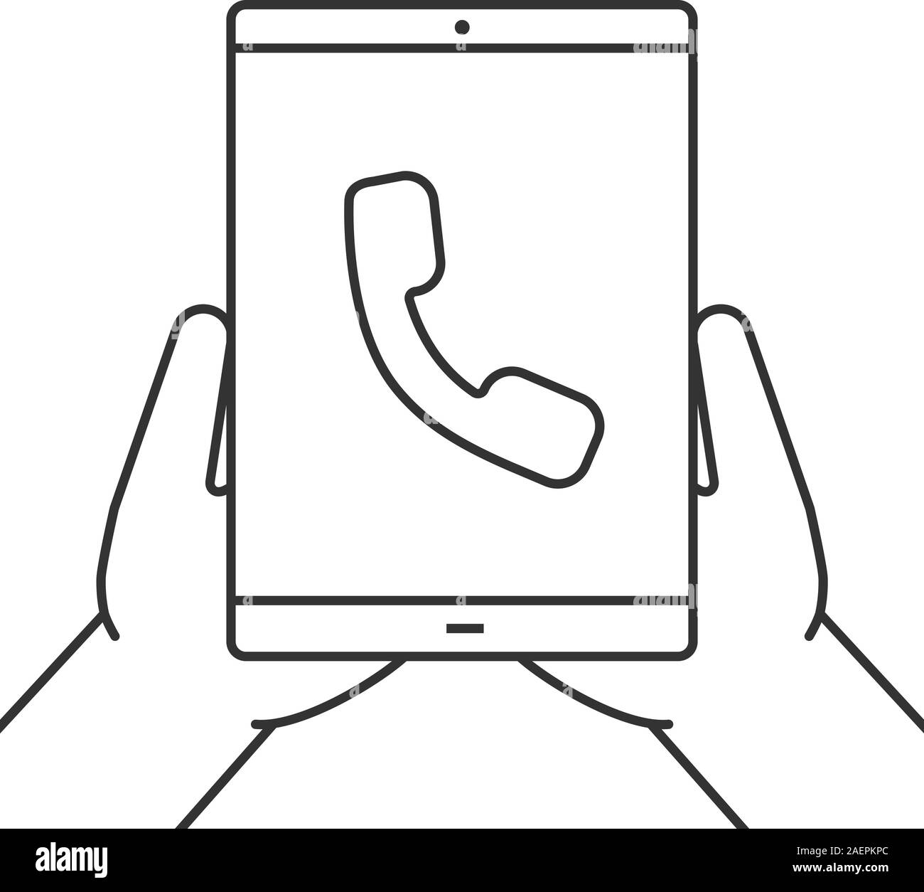 Hands holding tablet computer linear icon. Incoming call. Thin line ...