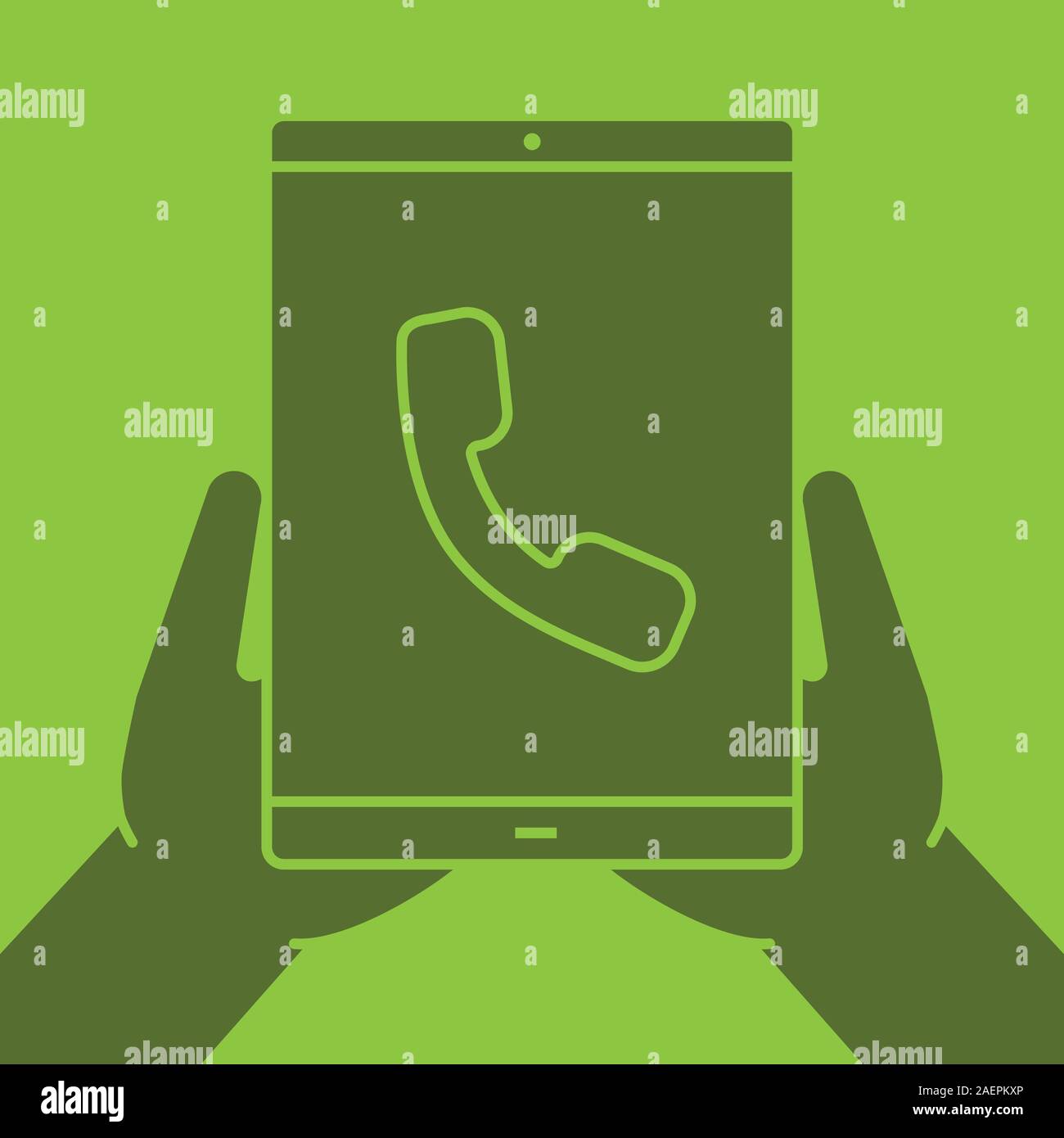 Hands holding tablet computer glyph color icon. Incoming call ...