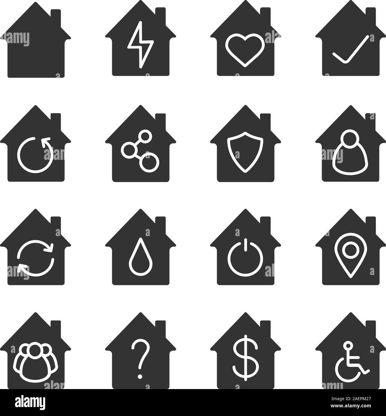 Houses glyph icons set. Silhouette symbols. Home buildings with man ...