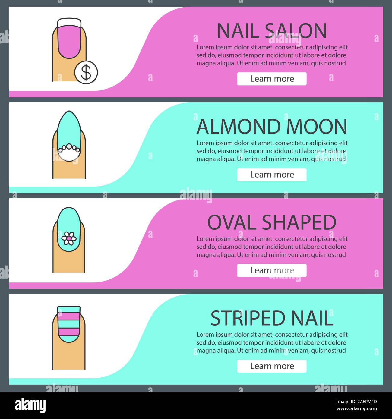 Manicure web banner templates set. Almond moon and striped manicure ...