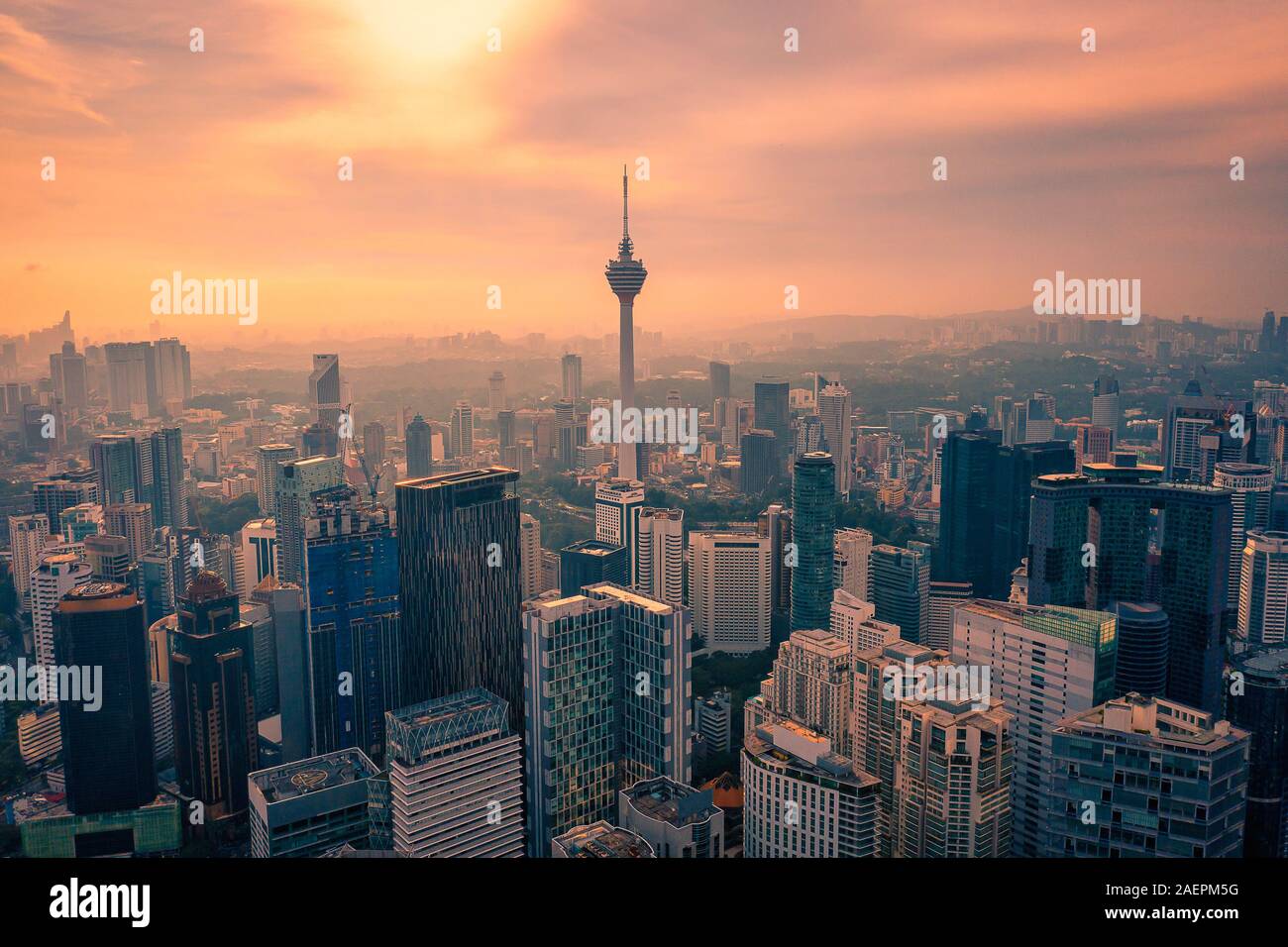 Aerial view of Kuala Lumpur city skyline at sunset in Kuala Lumpur ...