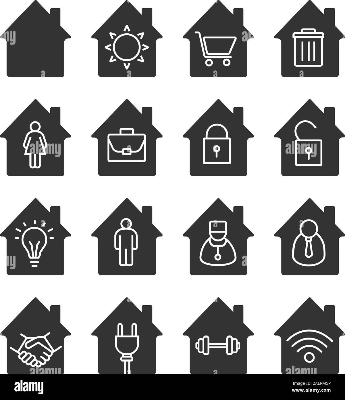 Houses glyph icons set. Silhouette symbols. Home buildings with sun ...
