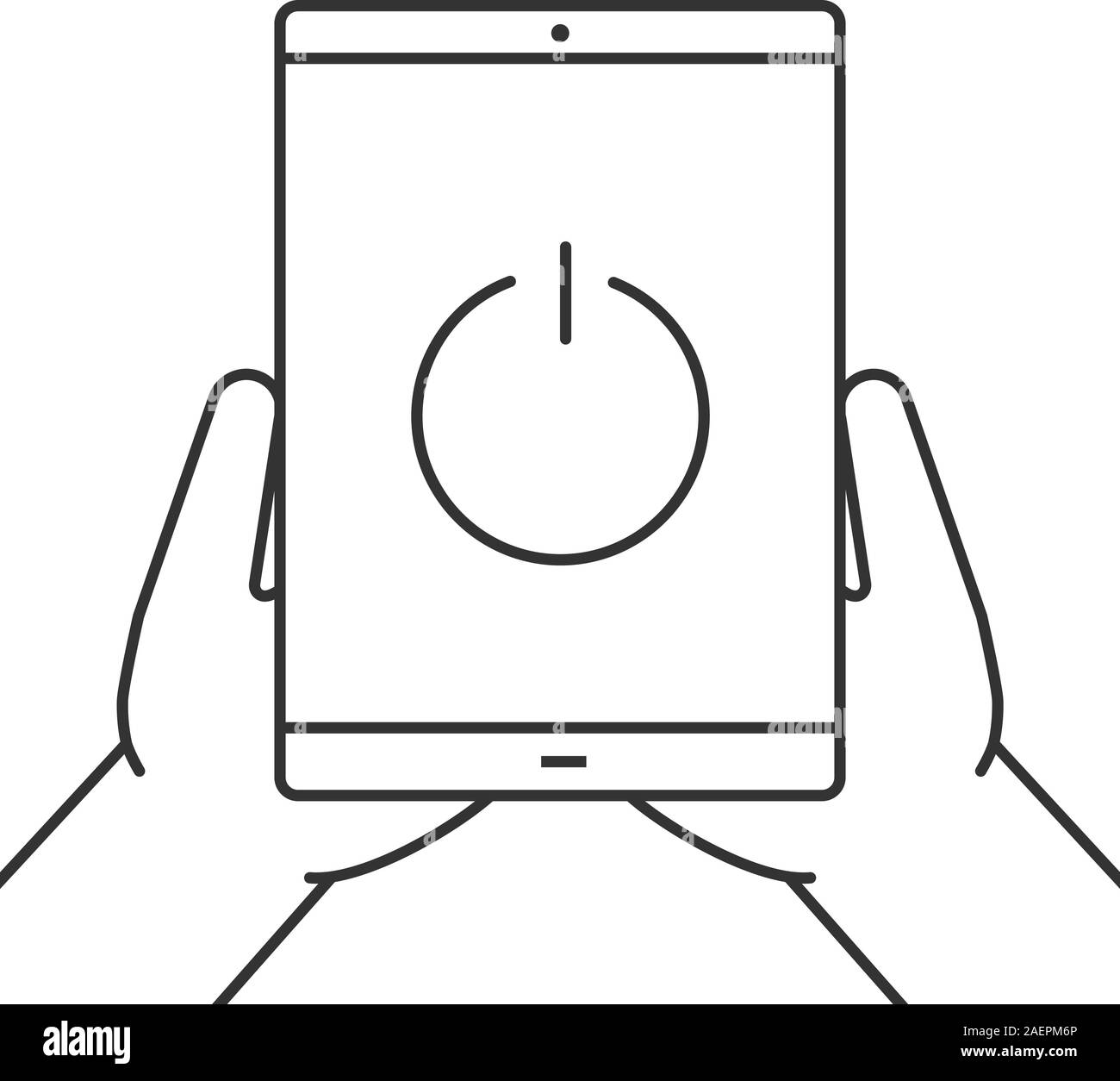 Hands holding tablet computer linear icon. Device turning off. Thin ...