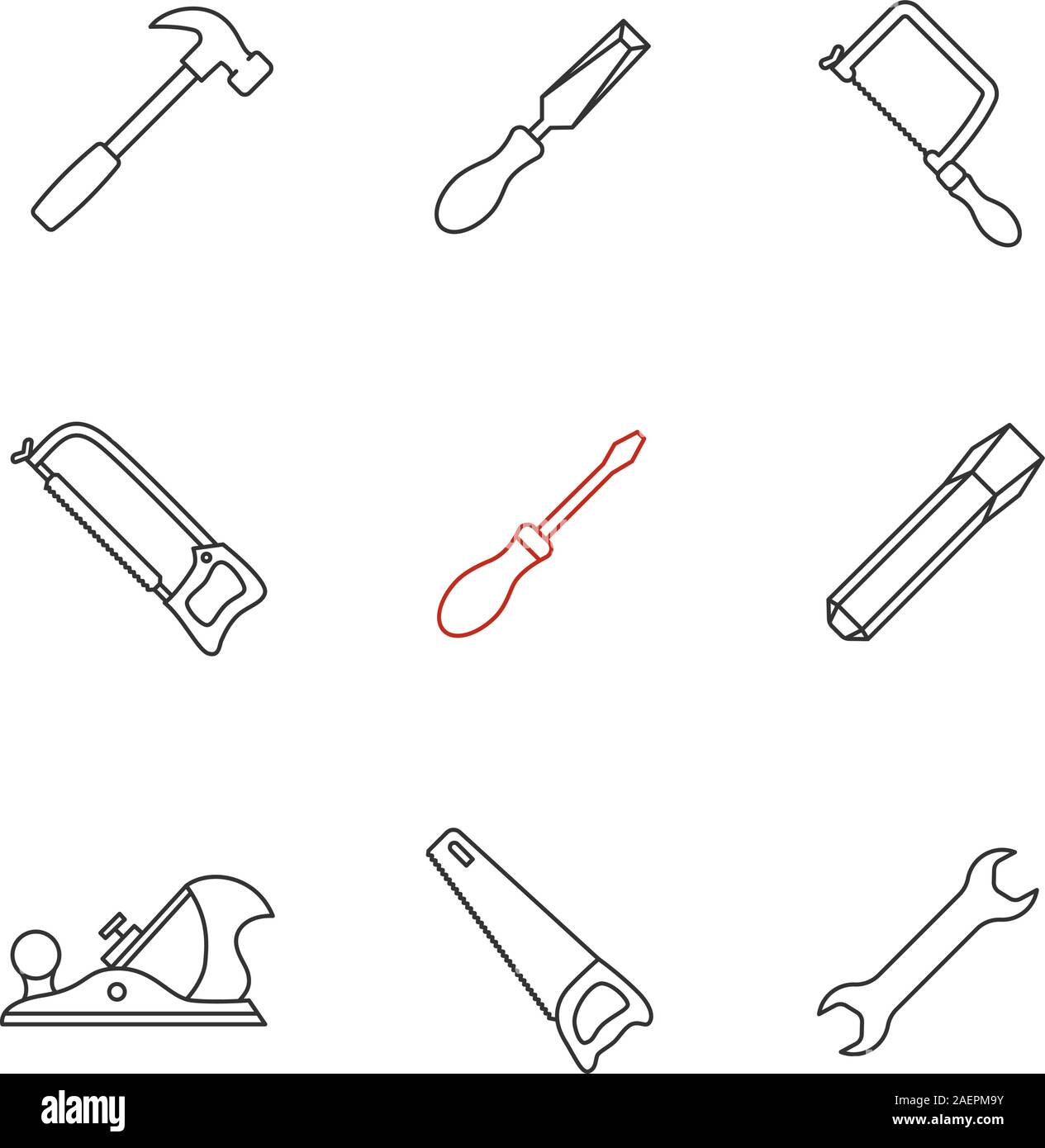 Construction tools linear icons set. Hammer, chisels, hacksaw, fretsaw ...