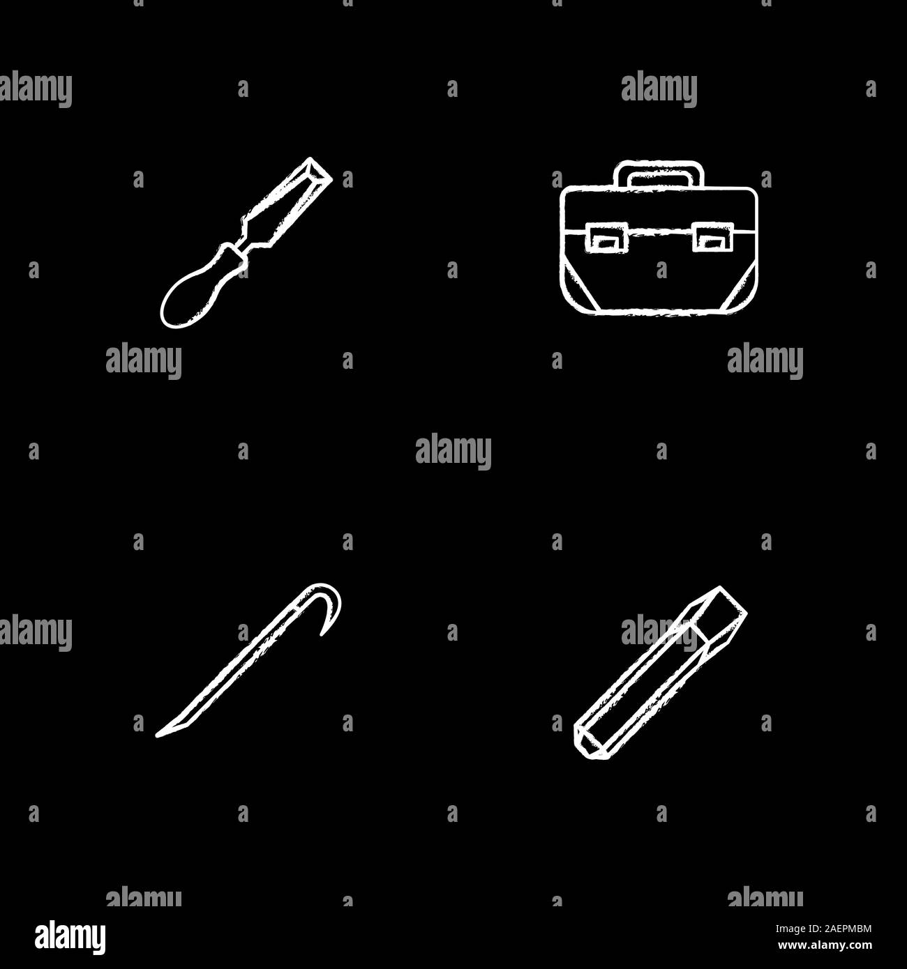 Construction tools chalk icons set. Chisels, tool box, crowbar ...