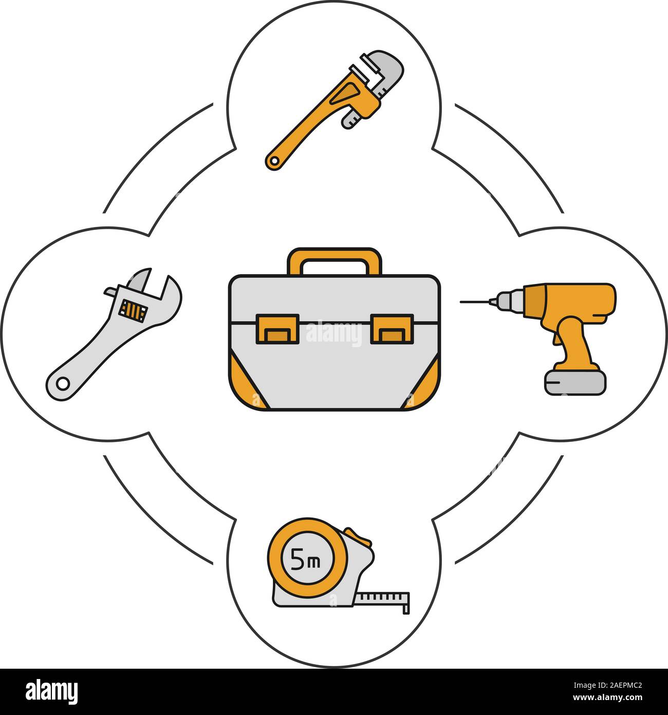 Tool box contents color icons set. Crescent and monkey wrenches ...
