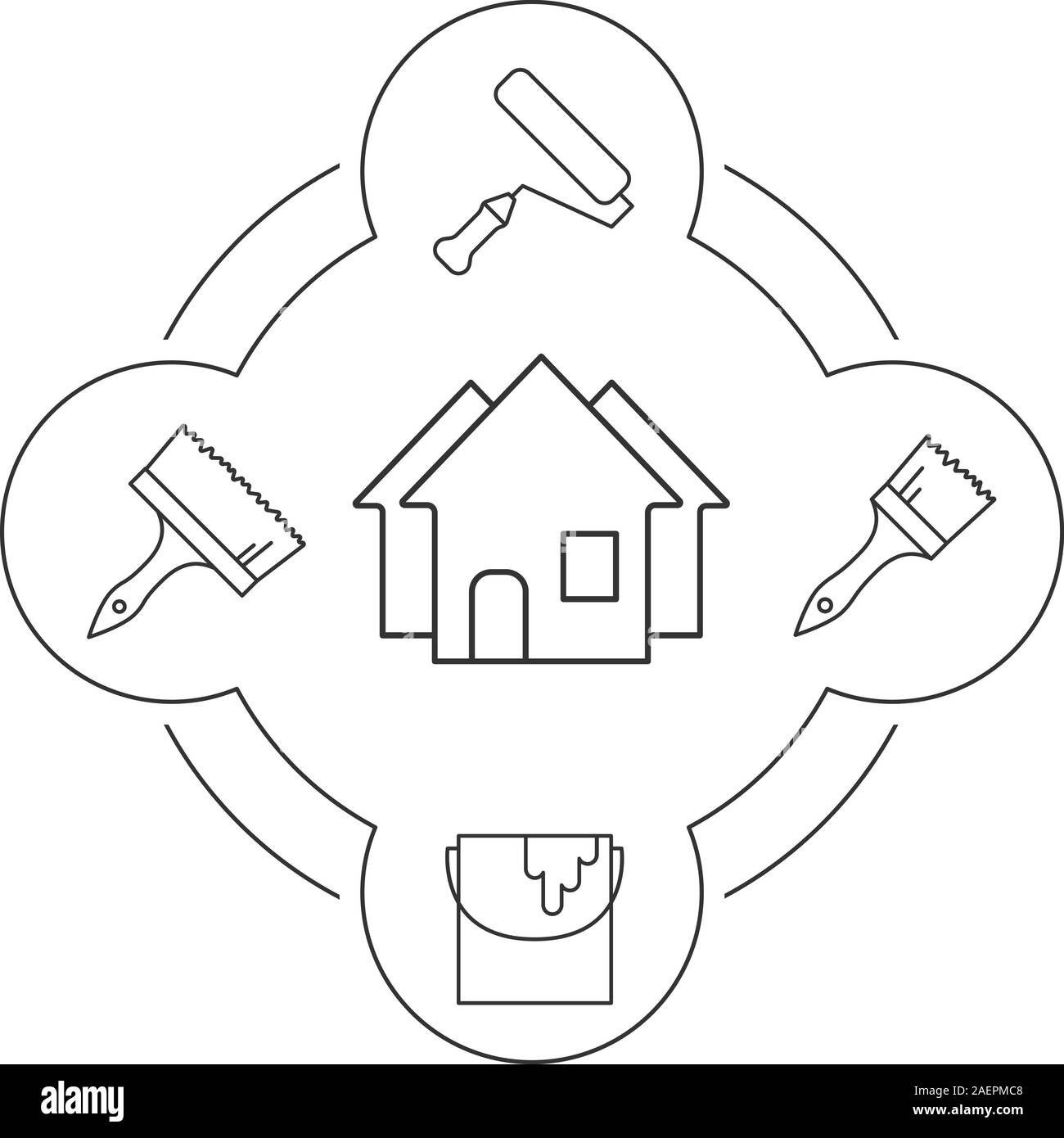 House remodel tools linear icons set. Glue and paint brushes, bucket ...