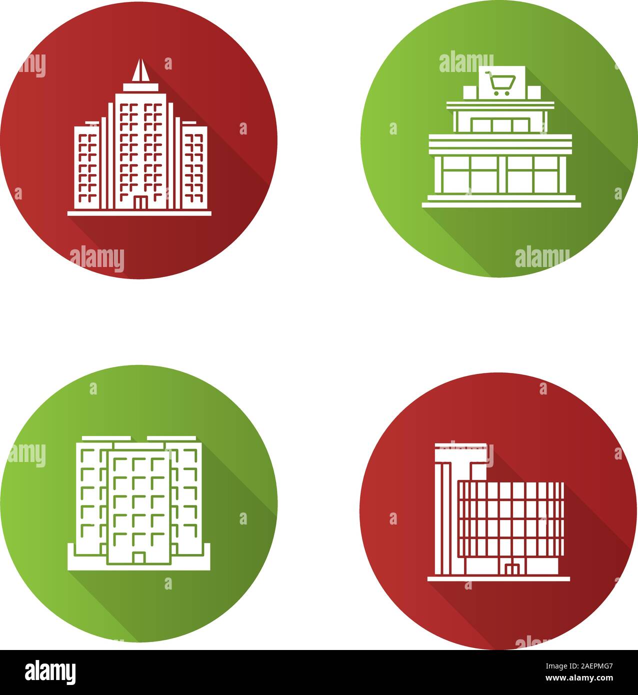 City buildings flat design long shadow glyph icons set. Shopping mall ...