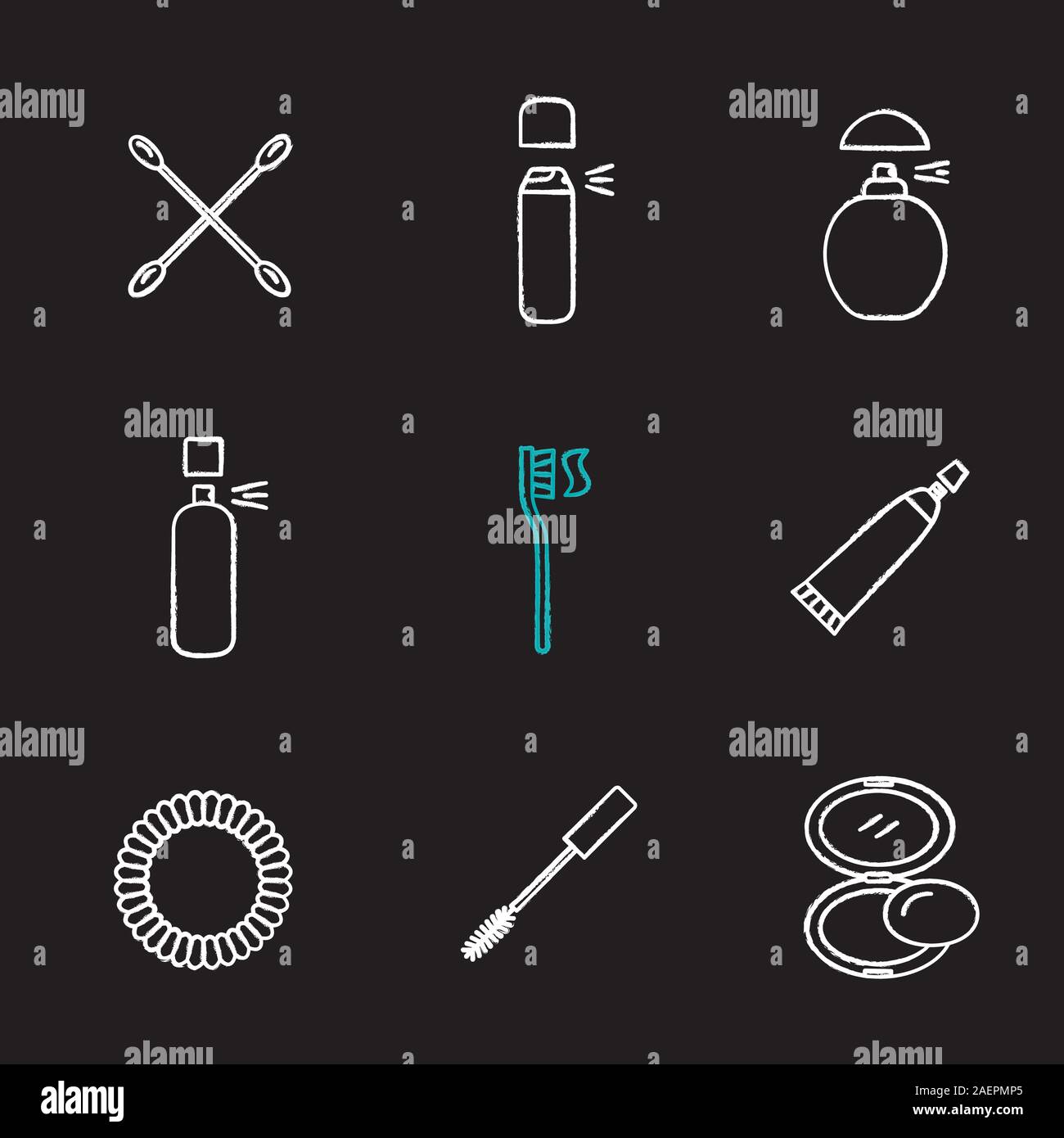 Cosmetics accessories chalk icons set. Earsticks, deodorant bottles ...