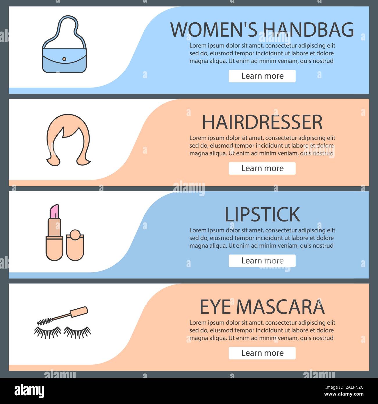 Cosmetics accessories web banner templates set. Purse, wig, lipstick ...