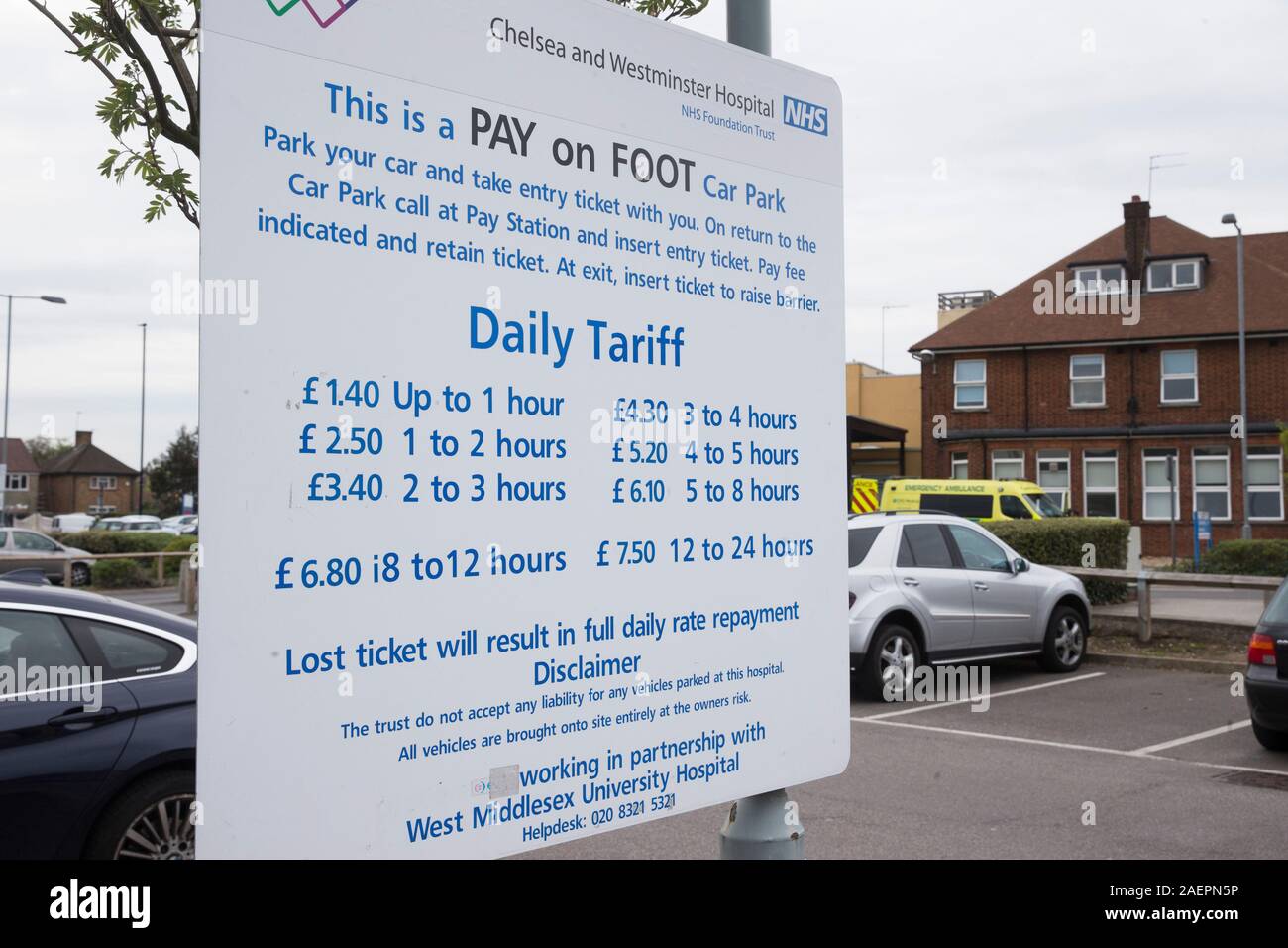 A Chelsea and Westminster Hospital car parking sign showing parking ...