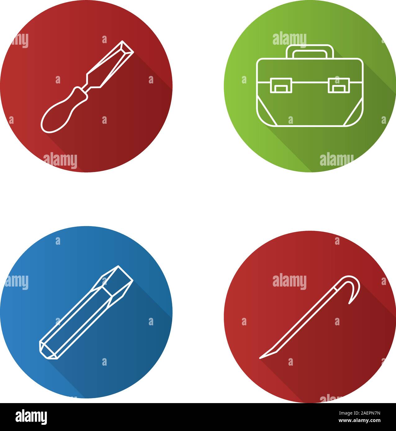 Construction tools flat linear long shadow icons set. Chisels, tool box ...