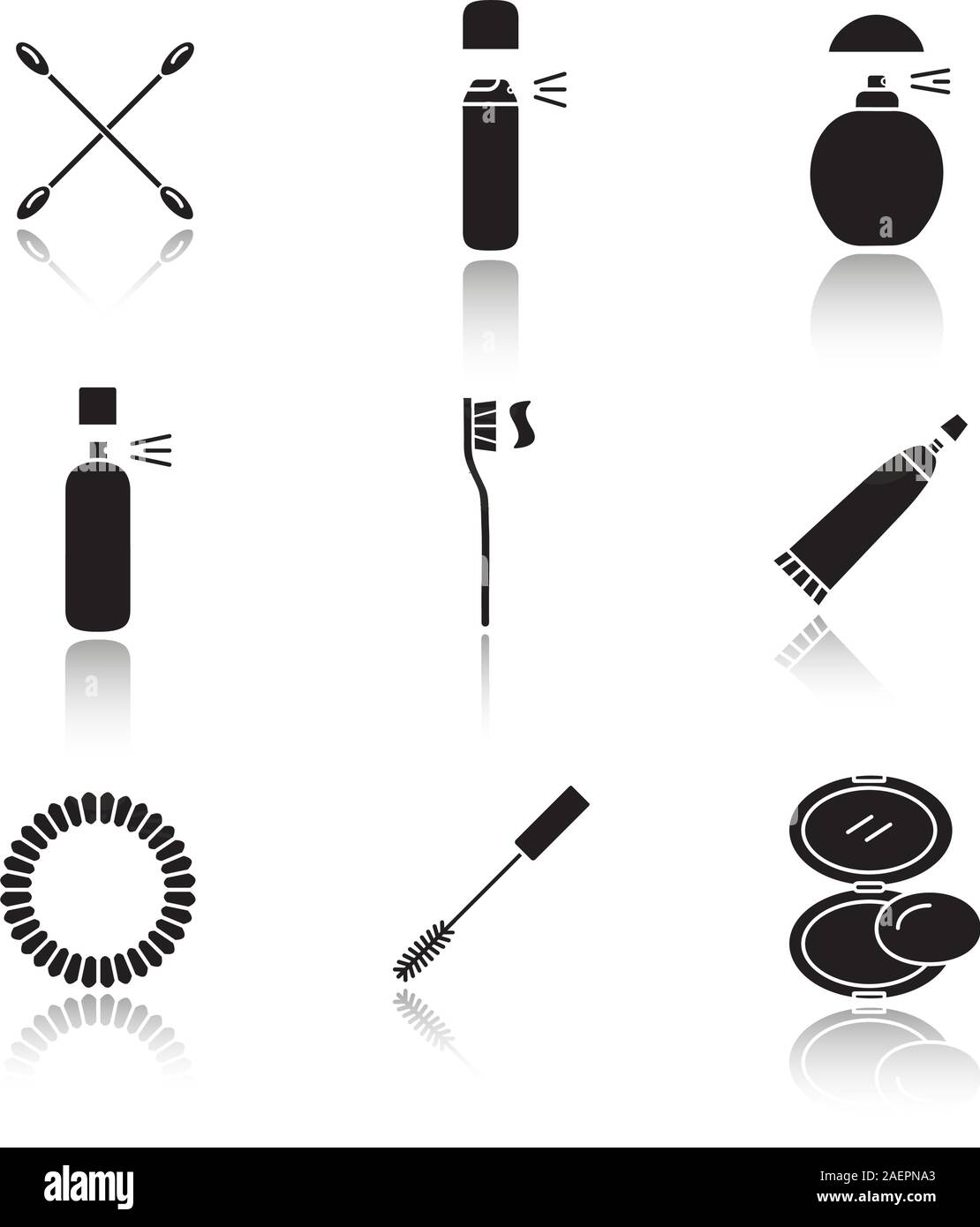 Cosmetics accessories drop shadow black glyph icons set. Earsticks ...