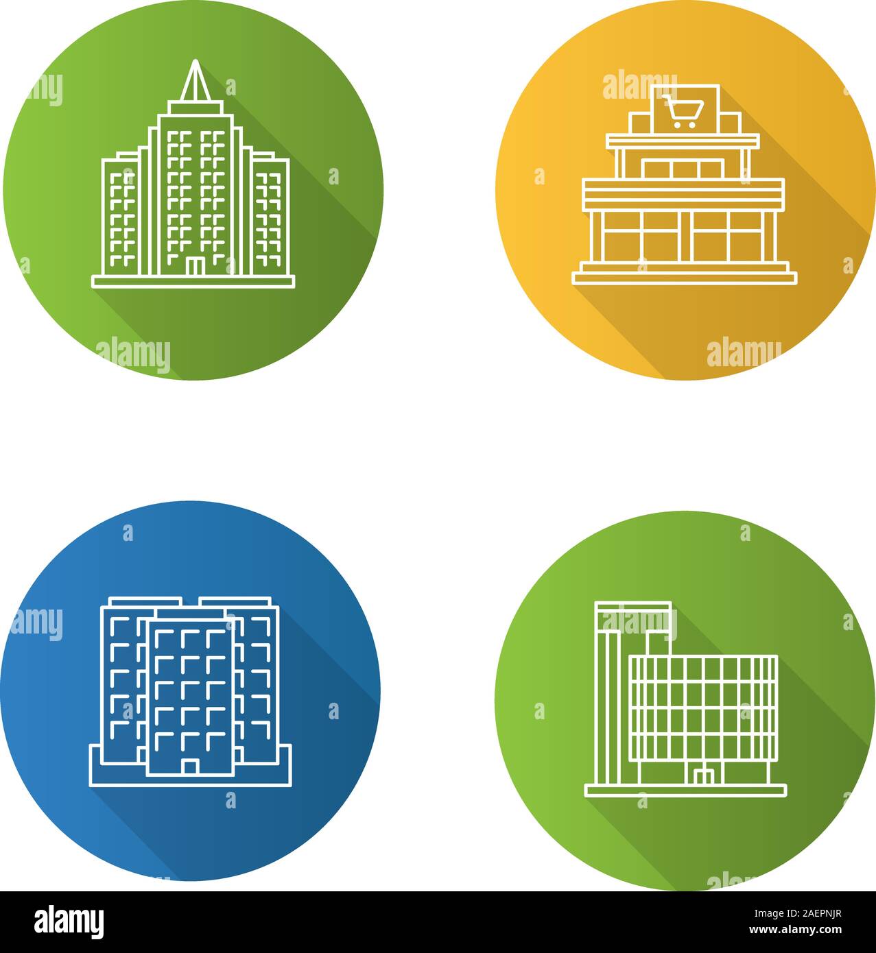 City buildings flat linear long shadow icons set. Shopping mall ...