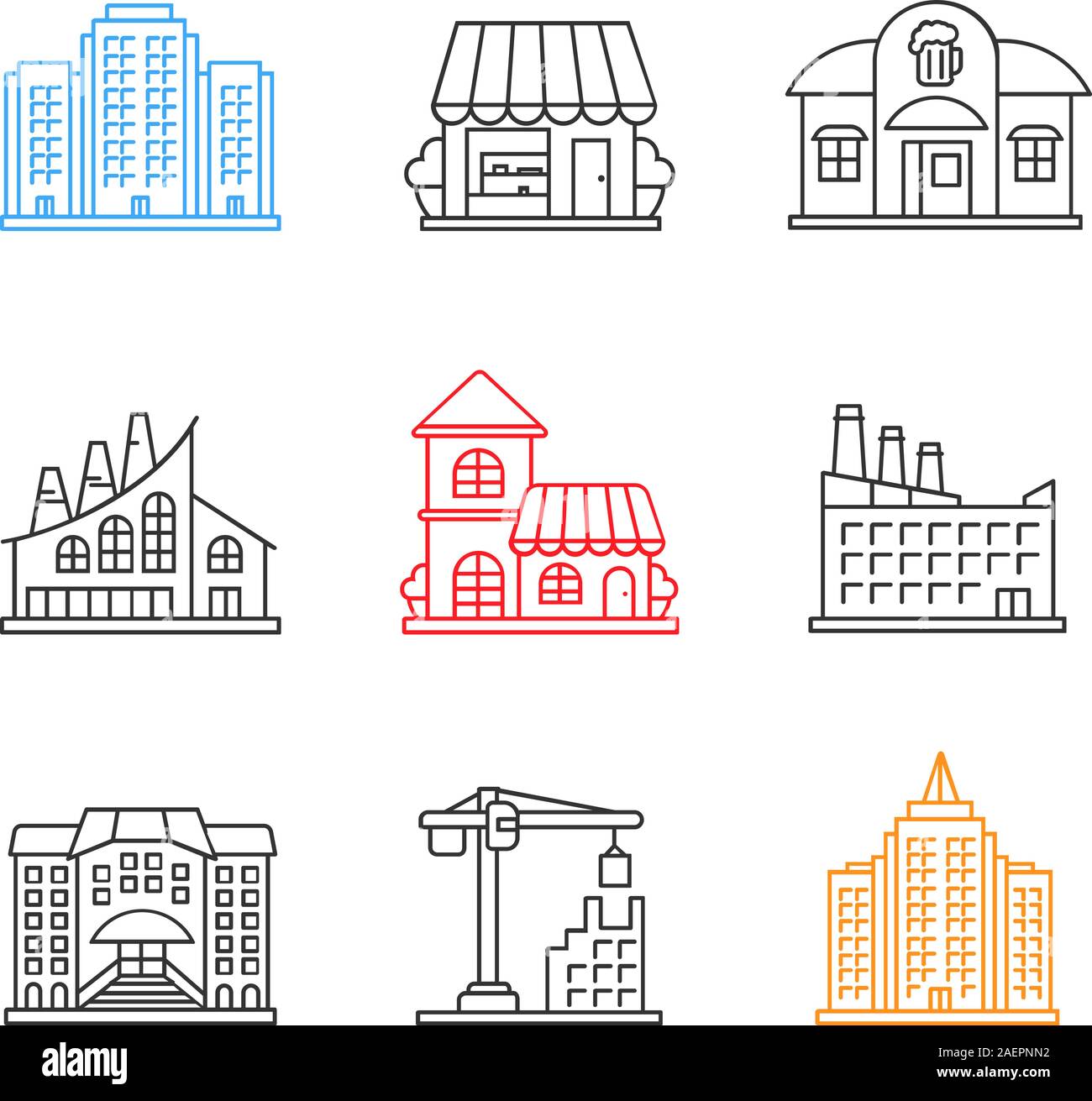 City buildings linear icons set. Multi-storey building, shop, pub ...